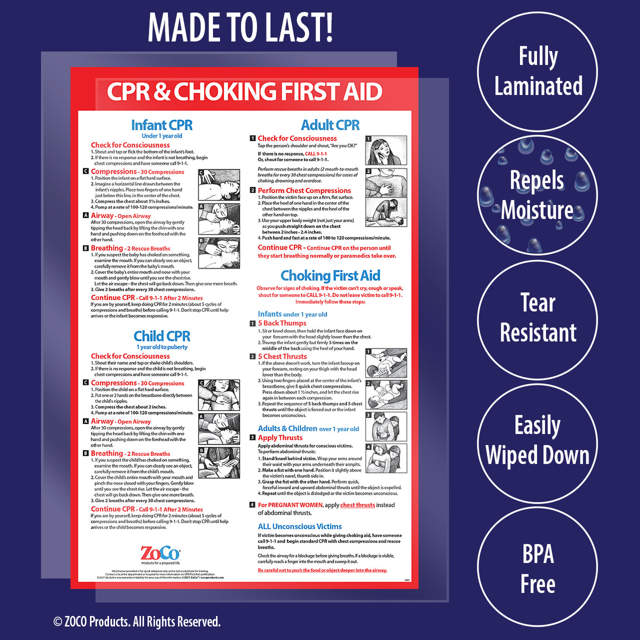 CPR & Choking First Aid Posters - Laminated by ZoCo Products