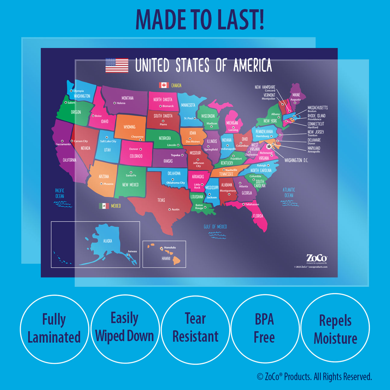 USA Map with State Capitals Poster - 17"x22" - Laminated — ZoCo Products
