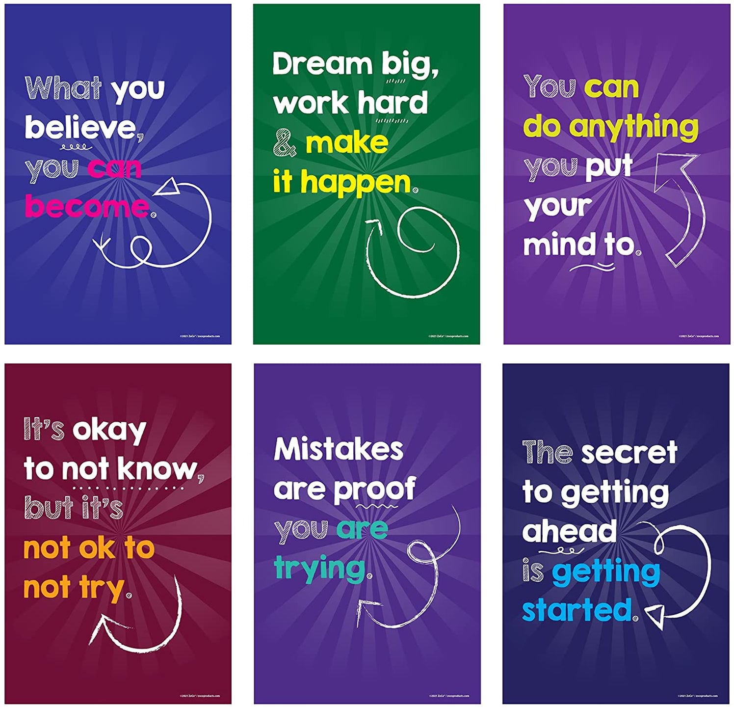 Inspirational Growth Mindset Laminated Posters (6 Pack) - 12"x18 ...